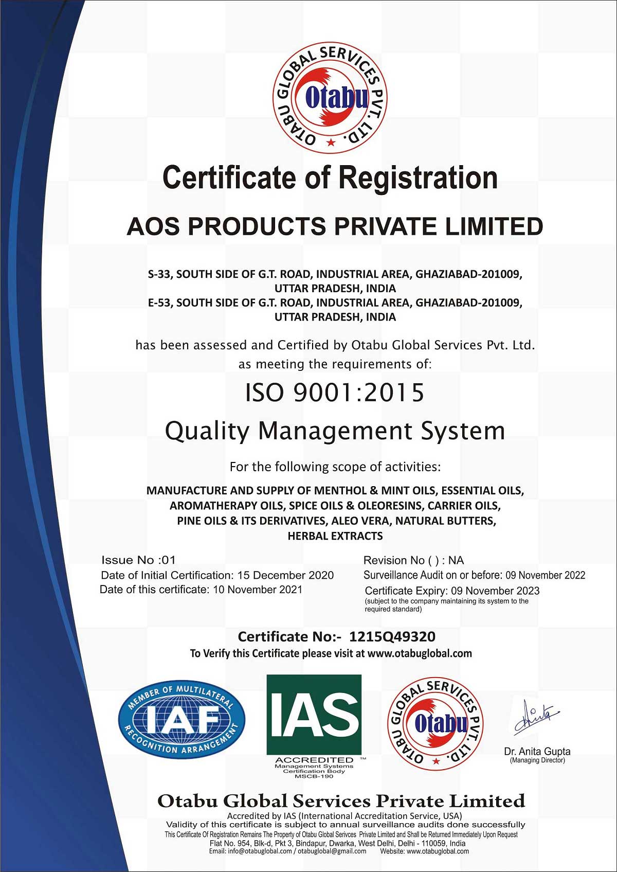 Certificates as ISO, GMP and HACCP of AOS Products