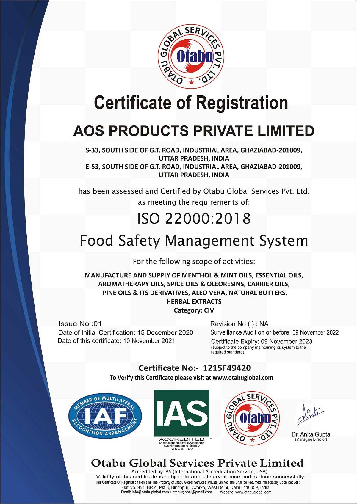 Certificates as ISO, GMP, and HACCP of AOS Products